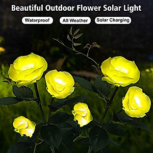 Solar Garden Decorations, 2 Pack 6 Solar Lights Outdoor Decorative with Exquisite Rose Flowers, Garden Lights Solar Powered Waterproof, Solar Flower Lights for Patio, Pathway, Yard Decoration (Yellow)