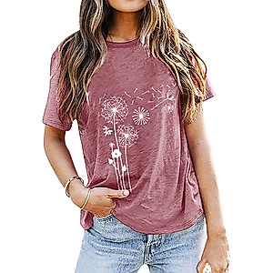 Dandelion Shirt Women Faith Graphic Shirts Make A Wish Vintage Tee Wildflower Short Sleeve Tops（Pink, X- Large