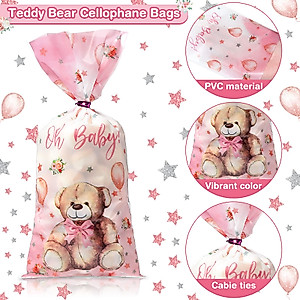 Pajean 100 Pack Bear Baby Shower Treat Bags Bear Cellophane Candy Bag Bulk Plastic Goodie Gift Bags with Metallic Twist Ties for Gender Reveal Birthday Party Favors (Pink)