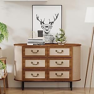 FurSch Rattan 6 Drawer Dresser for Bedroom,47.2" Curved Wooden Chest of Drawers,Large Six Drawer Double Dresser for Bedroom (Walnut, 47.2inch)