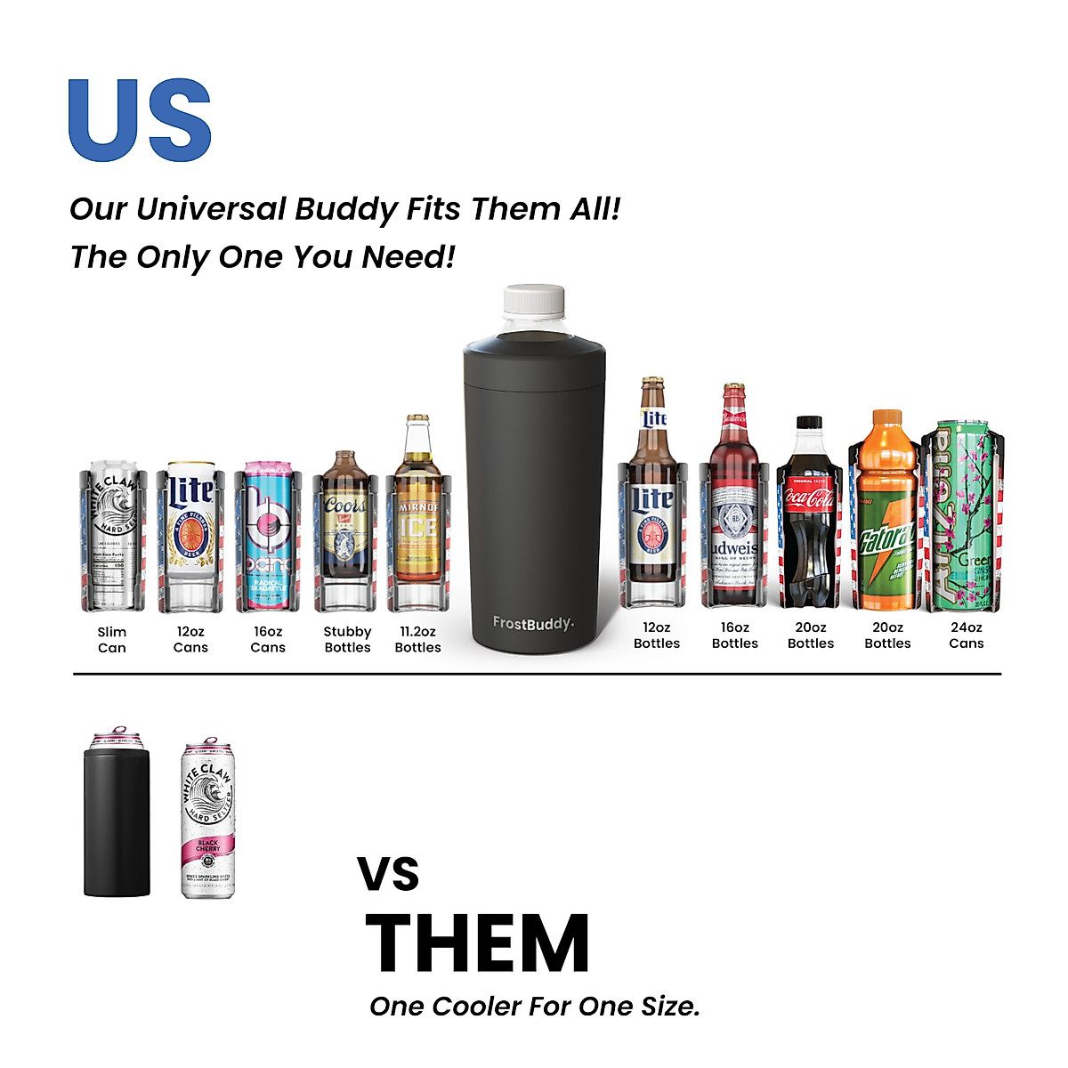 Universal Buddy XL Can Cooler by Frost Buddy - Fits 12-ounce, 16-ounce, 20-ounce, and 24-ounce Cans and Bottles - Keep Your Drinks Refreshingly Chilled for over 12 hours Gunmetal Glory