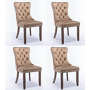 Danxee High-end Velvet Dining Room Chairs Upholstered Elegant Tufted Chair with Luxurious Button Nailed Trim Ring Pull Armless Accent Chair (Khaki, Set of 4)