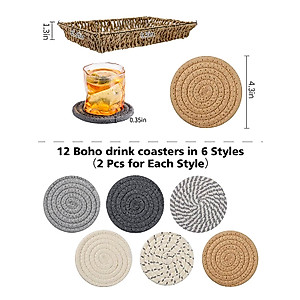 Boho Drink Coasters & Seagrass Basket Holder Set, 6 Styles 12 Pcs Handmade Braided Absorbent Coasters for Drinks, Hand Woven Seagrass Wicker Basket, Heat-resistant Woven Coasters for Table Home Decor
