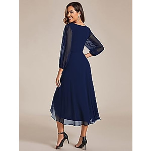 Ever-Pretty Women's Chiffon Spring V Neck Long Sleeves Pleated A-Line Midi Length Wedding Guest Dress Navy Blue US12