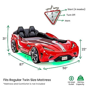 Cilek GTS EV Twin Race Car Bed, Remote Control, LED Lights, EV Sound FX, Vegan Leather Interior, License Plate, Red