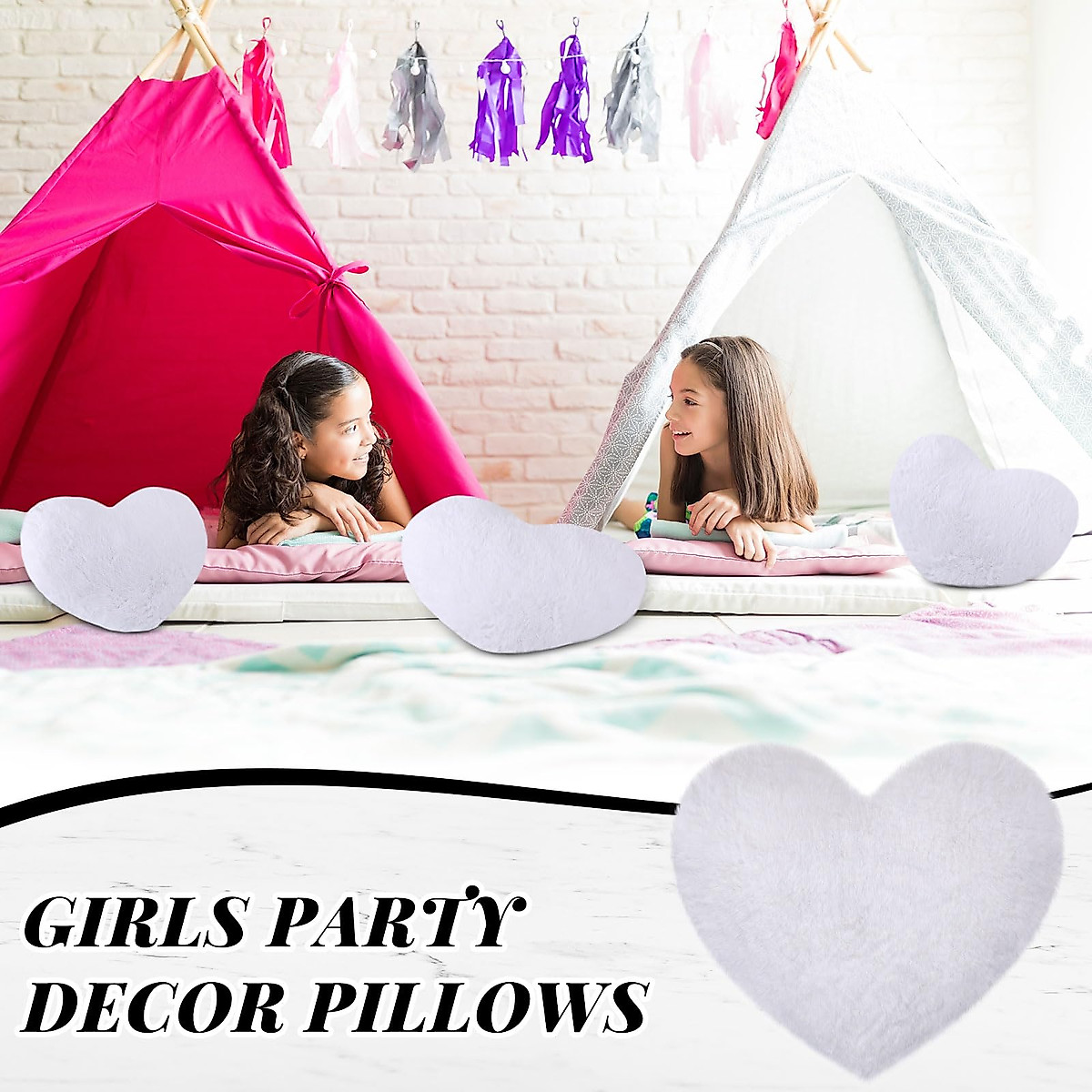 Remerry 4 Pcs Heart Shaped Cute Throw Pillows Faux Rabbit Fur Heart Pillow Soft Fluffy Throw Cushion Decorative for Bedroom Bed Sofa Kid Girls Sleepover Party(White)