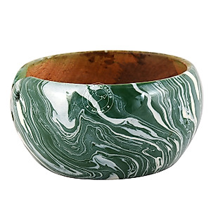 Hind Handicrafts Premium Solid Dark Handmade Crafted Wooden Portable - Antique Yarn Storage Bowl - Holder for Knitting Crochet Hook Accessories (6" x 6" x 3", Green Waves)