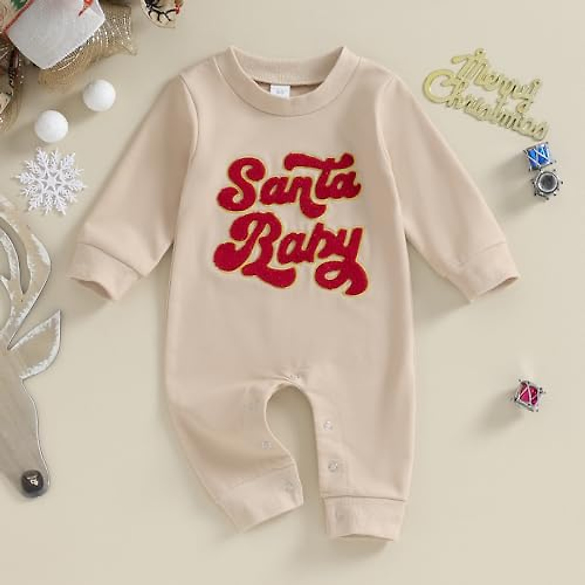 Infant Baby Boy Girl Christmas Outfit Santa Baby Embroidery Romper Long Sleeve Jumpsuit Bodysuit One Piece Outfit (A-Santa Baby Khaki, 3-6 Months)