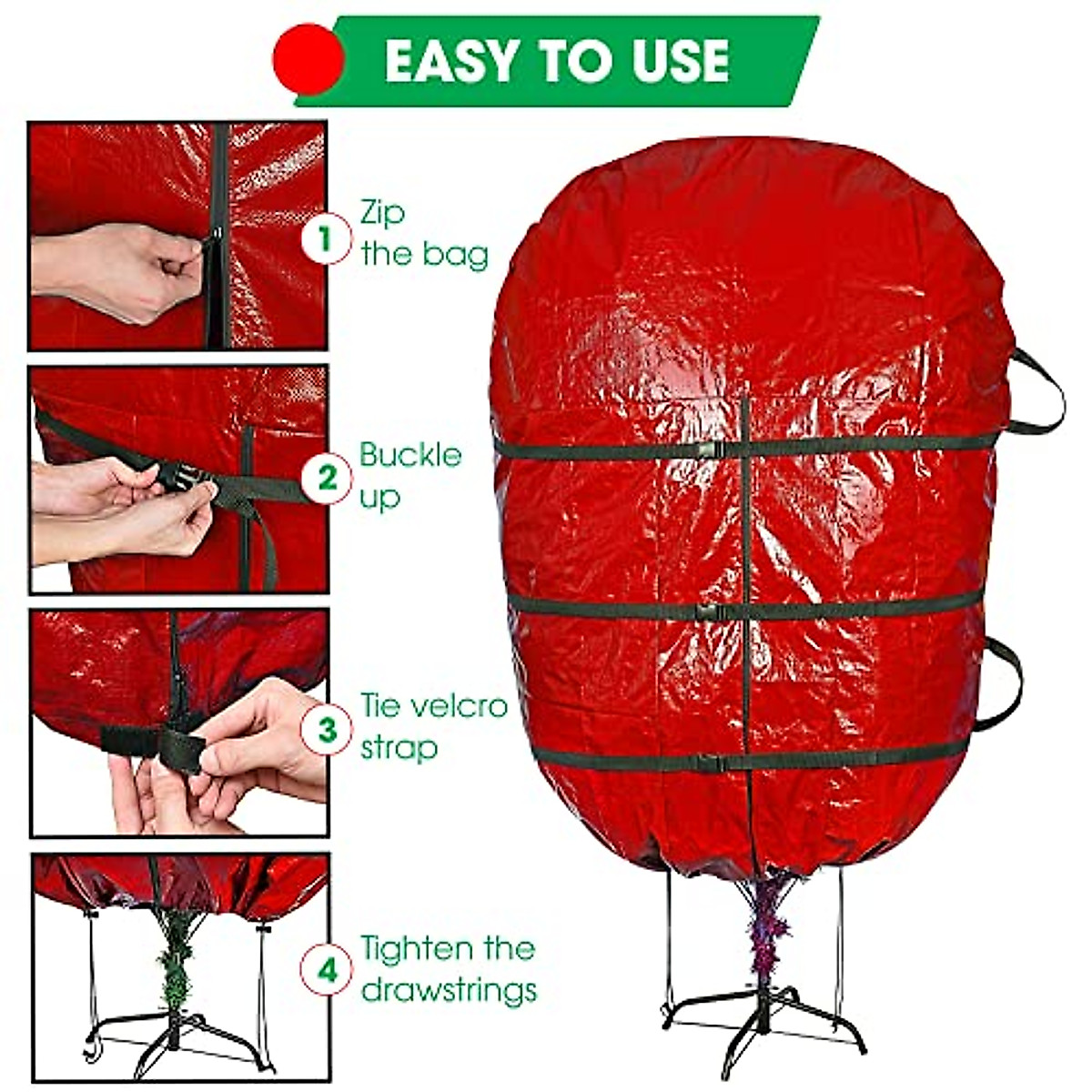 ProPik Upright Christmas Tree Storage Bag - Fits 7.5 Ft. Xmas Tree - Heavy Duty Polyethylene, Waterproof Bag for Christmas Tree Storage - Reusable, Adjustable, Zipper Closure, Ergonomic Handles for Transportation (7.5ft, Red)