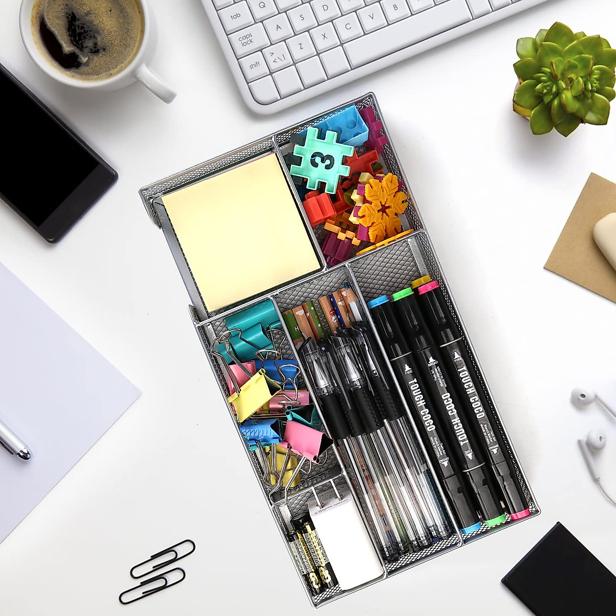 EsOfficce Drawer Organizer,Desk Organizer, Black Metal Mesh Drawer, Desk Drawer Organizer for Home Office and School,11X 6X 1.6Inch, Inch,Silver