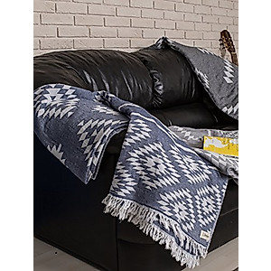 Bersuse 100% Cotton Teotihuacan XL Throw Blanket Turkish Towel - 75x90 Inches, Dark Blue