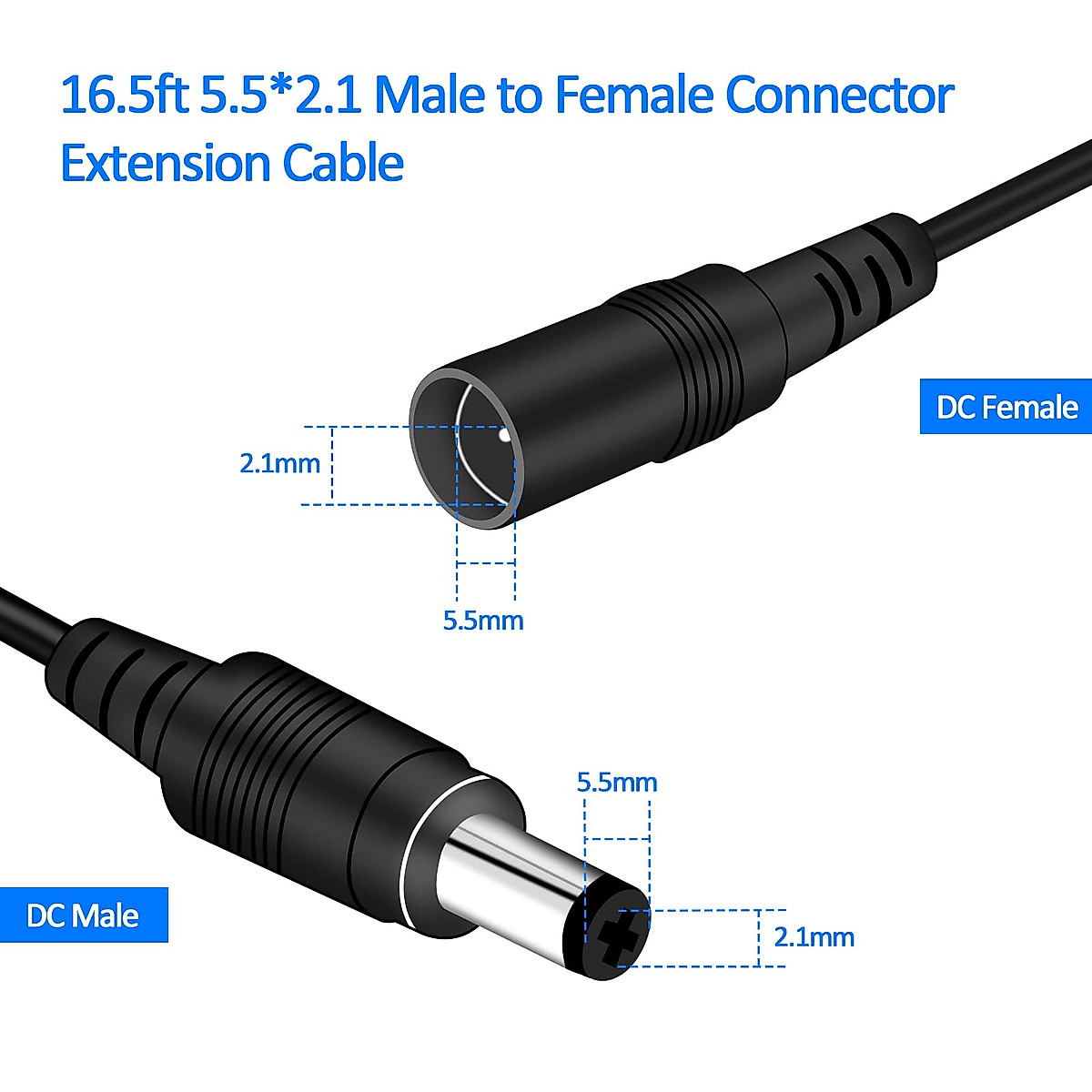 BOAVISION DC 12V Extension Cord,16.5ft(5m) Extension Cord DC Cable 2.1mm x 5.5mm Compatible with 12V DC Power Supply Adapter Cord WiFi Security IP Camera …