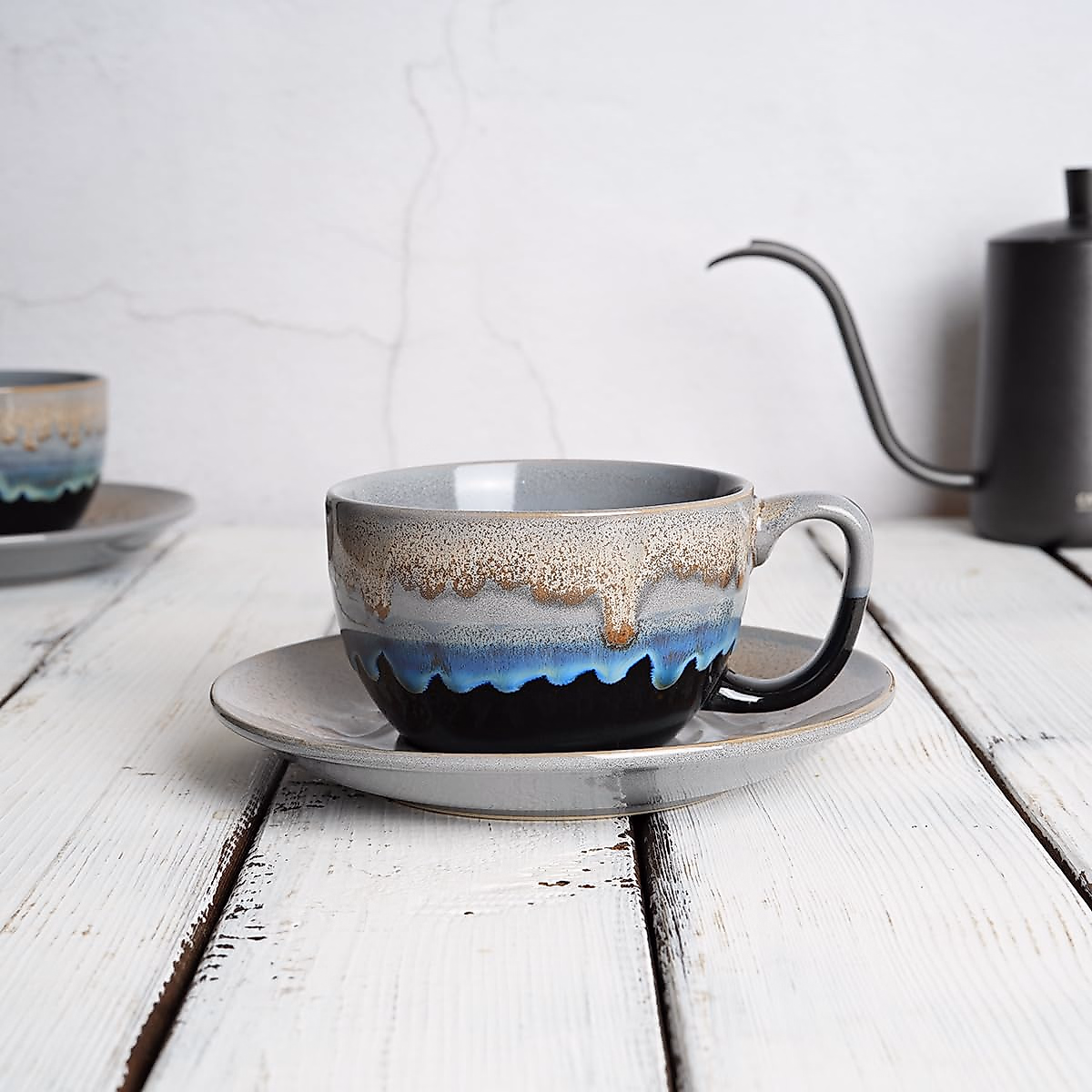 Bosmarlin Ceramic Cappuccino Cup and Saucer Set of 2, 10 Oz, Dishwasher and Microwave Safe, Coffee Cups for Latte, Espresso, Tea, Reavtive Glaze (Grey, 10 oz)