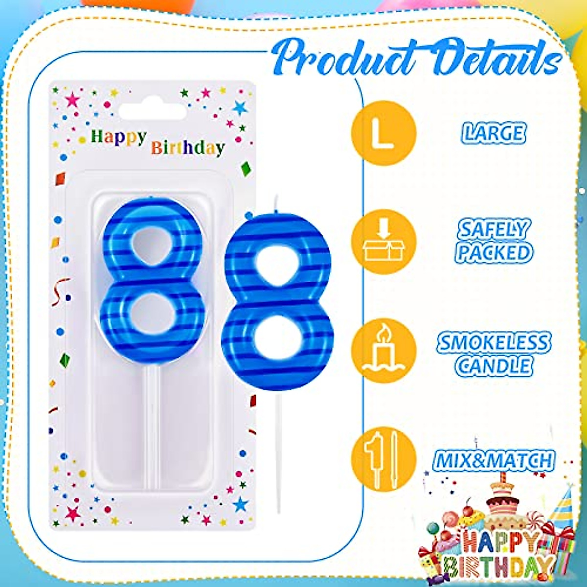10 Pieces Number Birthday Candles 2.36 Inch Blue Stripes Numeric Birthday Candles Glitter Numbers 0-9 Birthday Cake Candle 3D Design Cake Topper Decoration for Birthday Party Wedding Decor Supplies