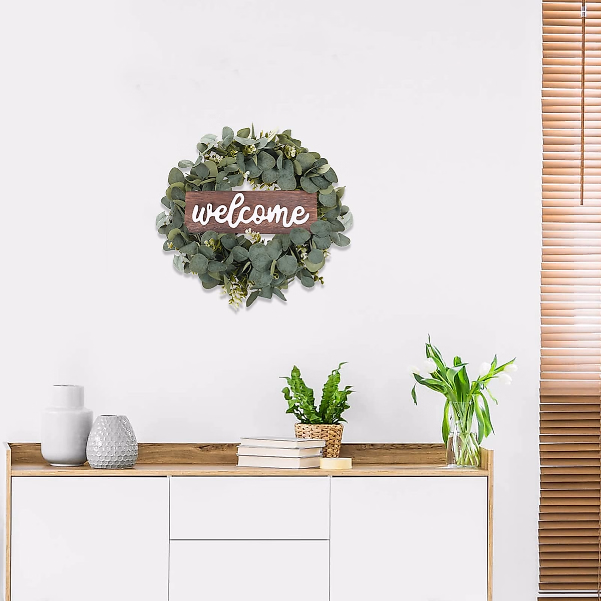 GTIDEA 18 Inch Eucalyptus Wreath for Front Door Summer Wreath with Welcome Sign Greenery Wreaths Farmhouse for Home Porch Wall Bedroom Window Festival All Season Wedding Decor
