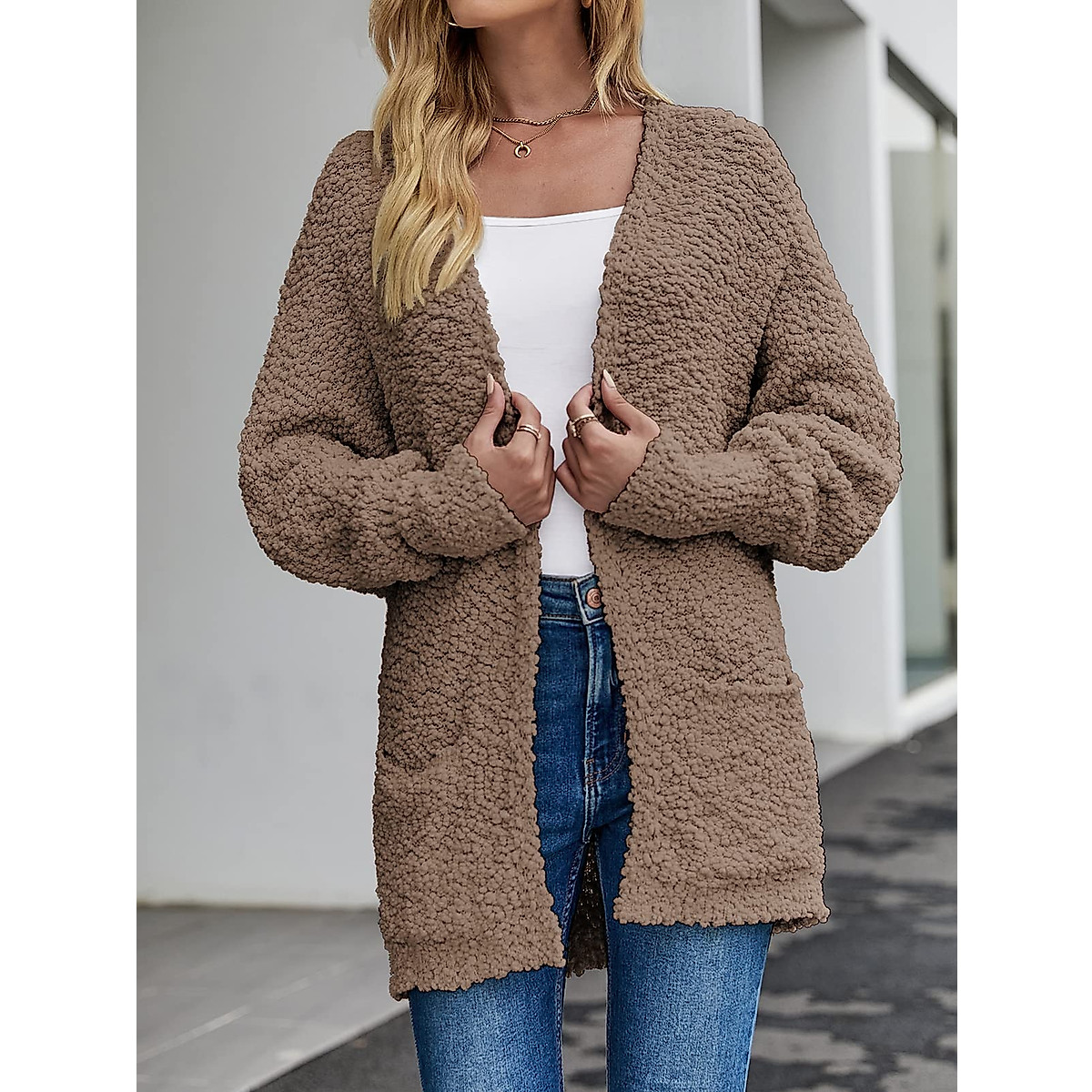MEROKEETY Women's 2025 Winter Fuzzy Popcorn Batwing Sleeve Cardigan Knit Oversized Sherpa Sweater Coat, Mocha, Small