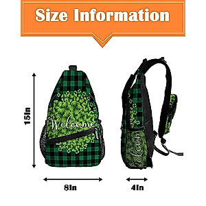 Sling Backpack, St. Patrick's Day Lucky Green Clover Leaves Green Plaid Waterproof Lightweight Small Sling Bag, Travel Chest Bag Crossbody Shoulder Bag Hiking Daypack for Women Men