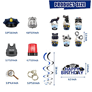 LXlucktim Police Birthday Party Supplies, 159 Pcs Police Cars Party Decorations for Girl Boy Baby - Backdrop, Cake, and Cupcake Toppers, Balloons, Cupcakes Wrappers, Hanging Swirls