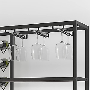 Launica Rustic Wine Rack Freestanding Floor, Industrial Modern Wine Bakers Rack, Farmhouse Wood and Metal Wine Bar Cabinet with Wine Storage and Glass Holder for Home Kitchen Dining Room, Rustic Oak