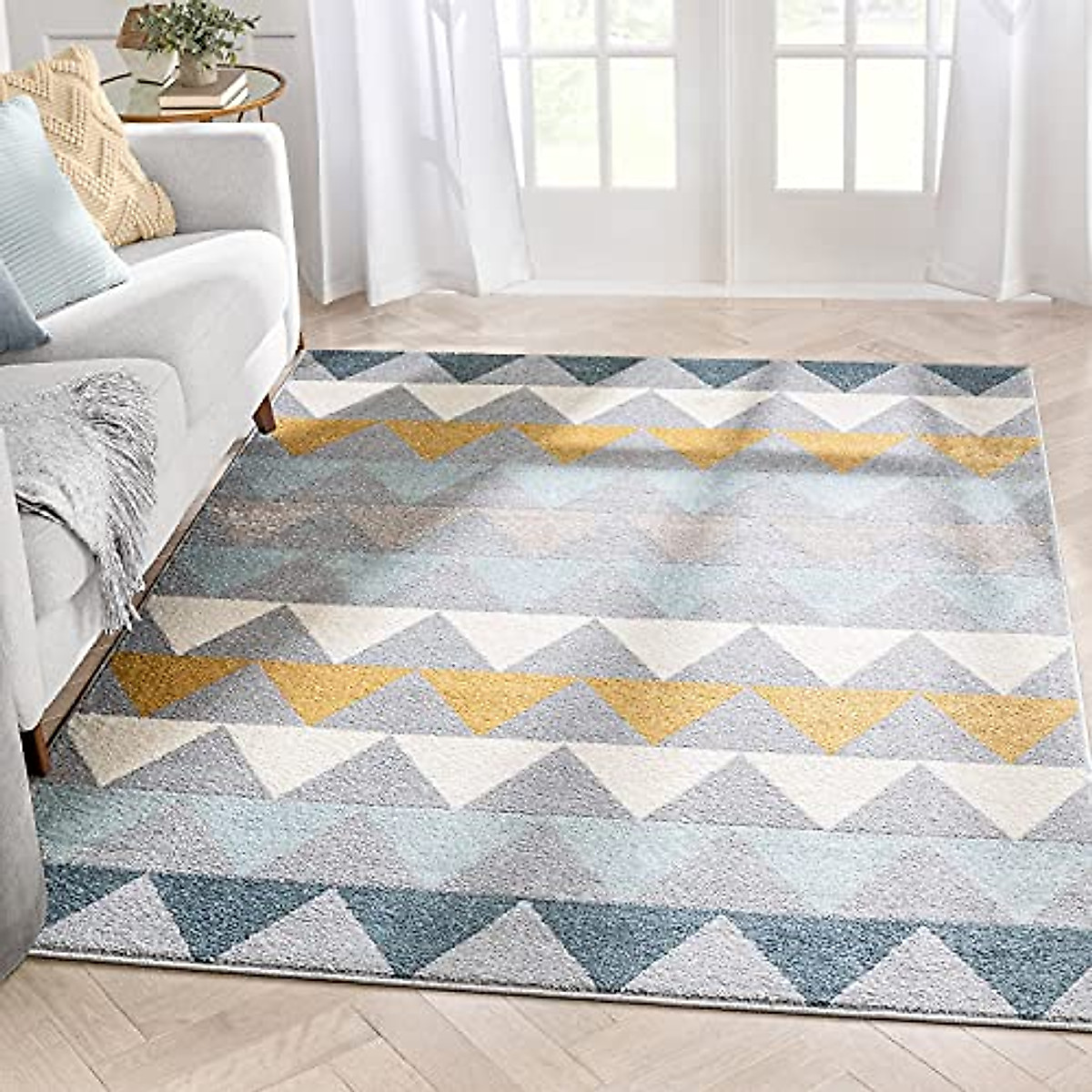 Well Woven Lincoln Modern Scandinavian Triangles Geometric Grey & Gold Area Rug 5x7 (5'3" x 7'3")