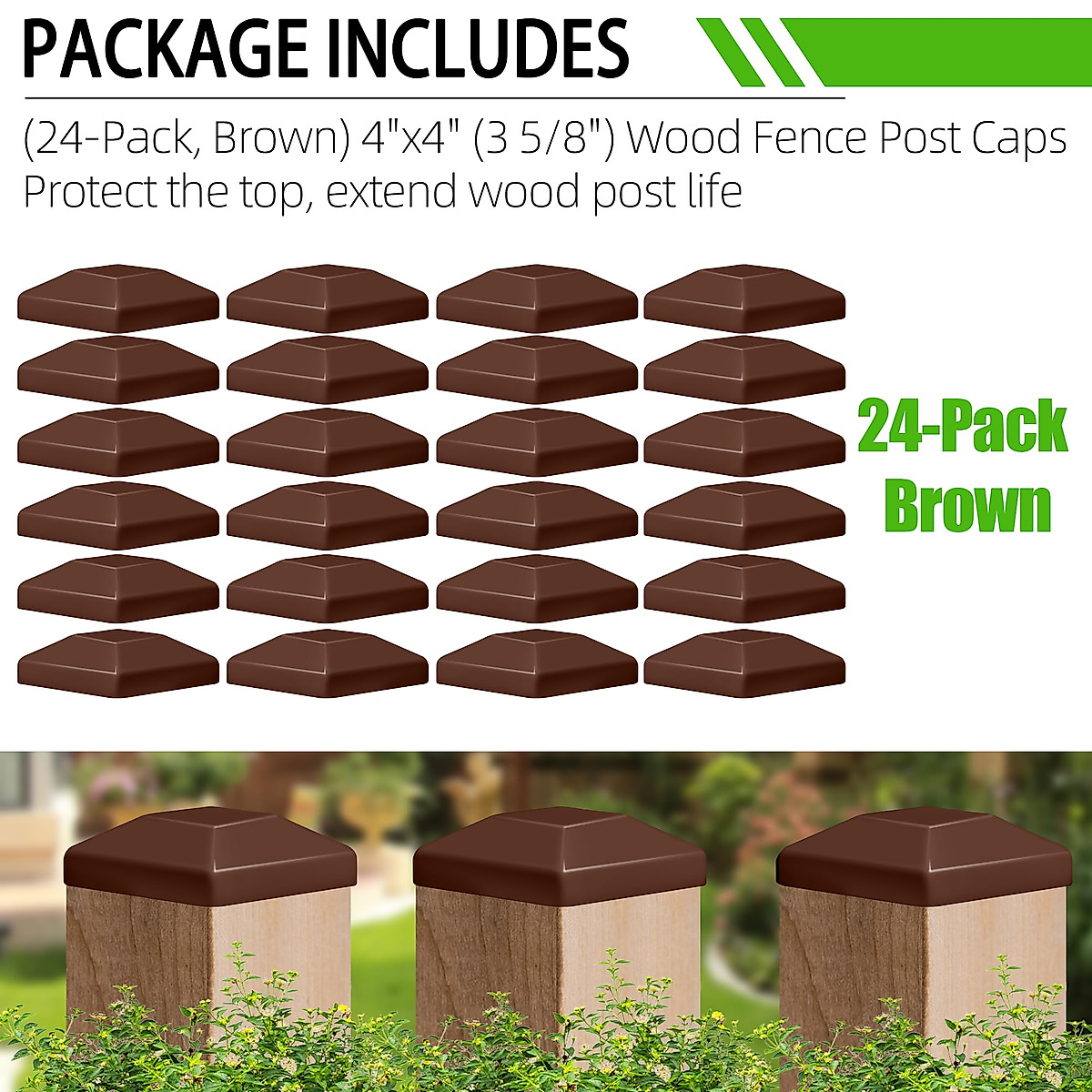 TonGass (24-Pack, Brown) 4"x4" (3 5/8") Wood Fence Post Caps - Wooden Fence Post Cover Deck Post Cap - Durable Plastic Water-Proof and UV-Proof - Protect Wooden Fence Poles from Cracking and Rotting