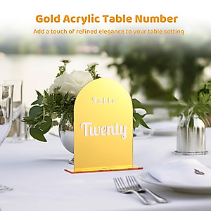 20 Pack Wedding Table Numbers with Stands 1-20, 4.7 X 5.6 Inch Gold Arched Mirrored Table Signs Number Display Stand for Wedding Reception Event Restaurant Decoration
