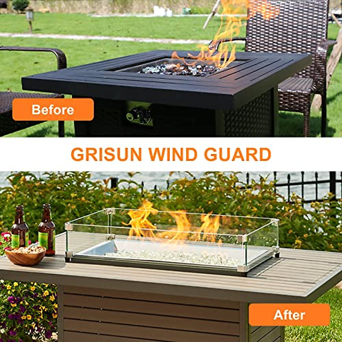 Grisun Fire Pit Glass Wind Guard - 31 x 12 x 6 inch, Thick Rectangular Heat-Resistant Tempered Glass Guard with Hard Aluminum Corner Bracket and Feet for Propane, Gas, Outdoor