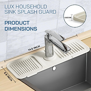 Lux Household Silicone Faucet Handle Drip Catcher Tray - Self-Draining Kitchen Sink Splash Guard with Adjustable Coil Opening - Sink Faucet Mat with Cleaning Towel (Ivory)
