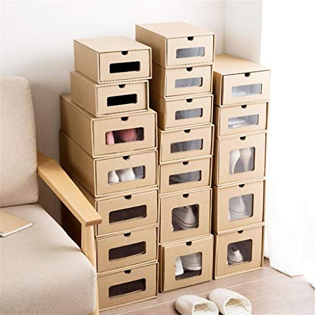 AVEO Shoe Rack Transparent Cowhide Paper Box Thickened Kraft Cardboard Box Transparent Drawer Shoebox Receptacle Box Paper Storage Shoe Cabinet (Color : A)