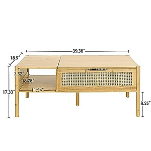 Aperturee Natural Bamboo and Rattan Wood Lift Top Coffee Table with Hidden Compartment and Adjustable Storage Shelf Lift Tabletop Dining Table for Home Living Room Office (Natural)