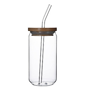 Gralara Glass Bubble Tea Cups Clear with Bamboo Lids and Straws Smooth Sided Bottle Jar Travel Tumbler for Water Cocktail Iced Coffee, 470ml