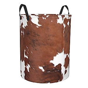 Western Cow Print Laundry Hamper - Brown Cowhide Basket with Handles Animal Skin Pattern Washing Bucket Foldable Dirty Clothes Toys Storage Bag Organizer for Girls Women Bedroom Bathroom Dorm