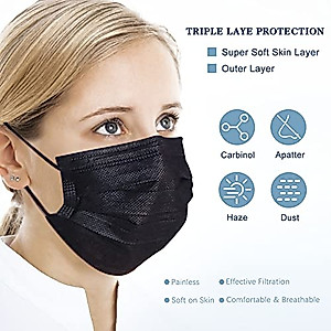 SOOQOO Masks Disposable 100Pcs,with Elastic Loop, Breathable Comfort, 3-Ply Masks, Waterproof, Adjustable Clip, Skin-Friendly Fabric (Black)