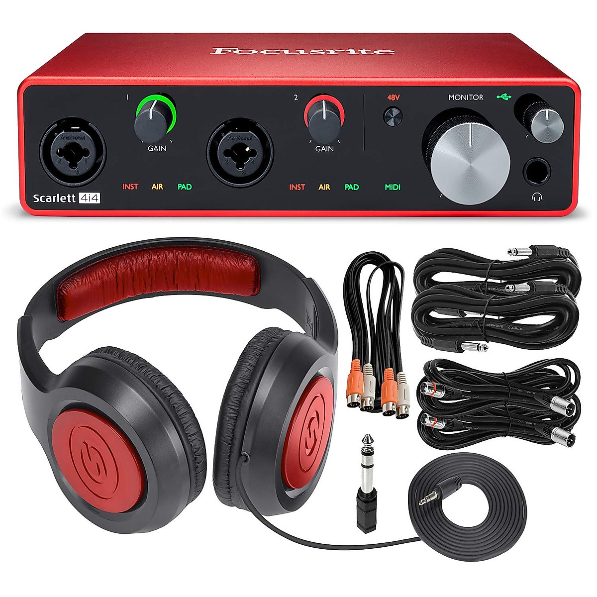 Focusrite Scarlett 4i4 4-in 4-out USB Audio Interface (3rd Generation) + Xpix SR360 Over-Ear Dynamic Headphones, Cables and Accessories