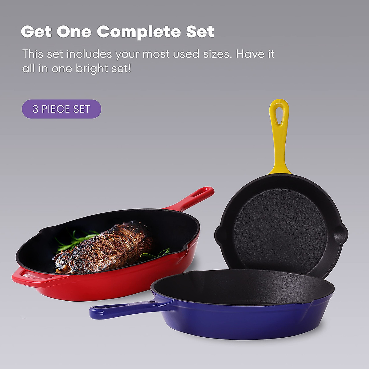 Klee Enameled Cast Iron Skillet, Set of 3 (8-inch, 10-inch, 12-inch) - Multipurpose Cooking Pan with Porcelain Enamel Coating and Pour Spout - Safe for Any Stovetop and Oven Up To 500°F