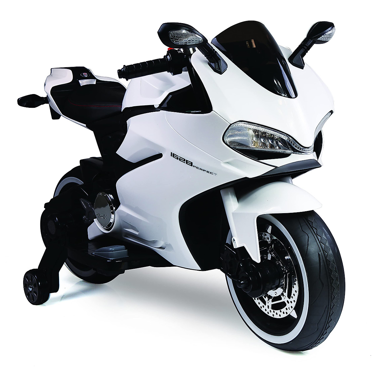 Ride On Toys Kid Motorcycle 12V 7AH Battery with Slow Start Function, Safety, High and Low Speed,Leather Seat Plastic Wheels with LED Lights, Have MP3 Player Function (White)