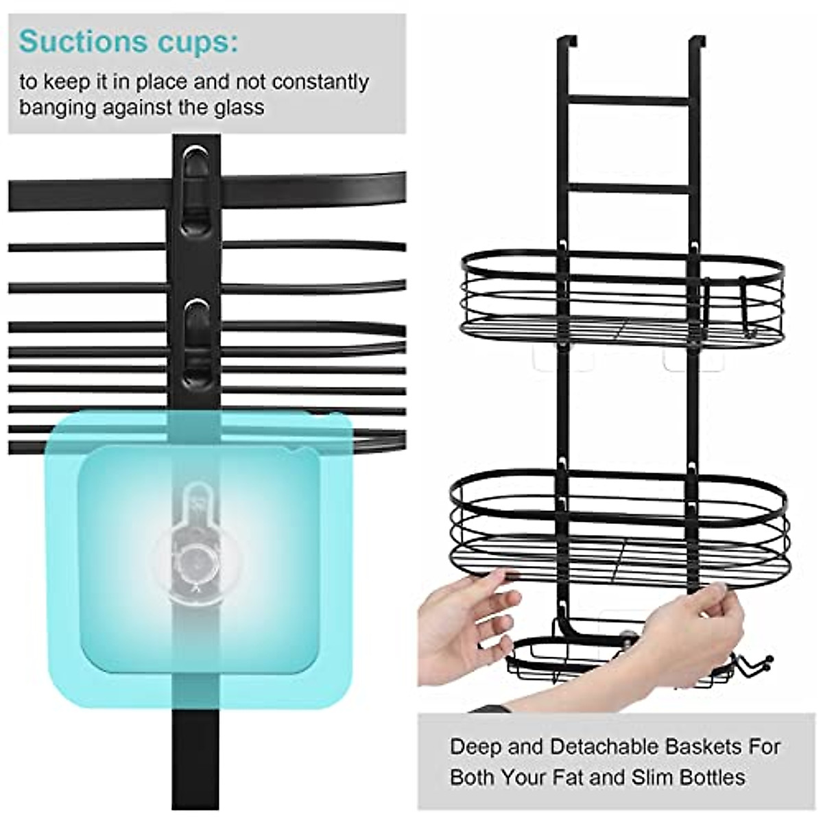 Fogein Over the Door Shower Caddy, 3 Tier Hanging Organizer Shelf Rustproof, Shower Basket with Suction Cup, Bathroom Shower Caddy Over The Door with Hook & Soap Box, No Drilling(Black)