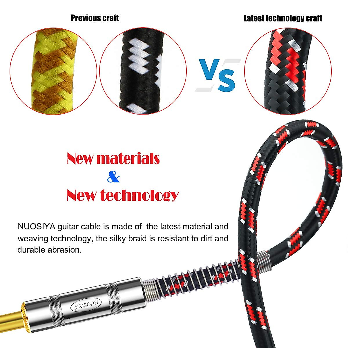 NUOSIYA 1/4 Inch TS to TS Electric Guitar Cable Braided Guitar Amp Cord Flex Instrument Cable for Electric Guitar, Bass AMP, Keyboard, Mixer, Equalizer (Braided Black White, 10FT)