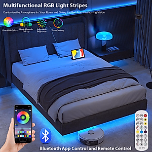 Saudism Upholstered Bed Frame with Storage Headboard, USB Ports, LED Lights - Queen Size, Floating, Noise-Free, Dark Grey