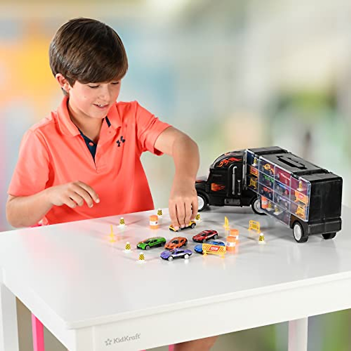 Toy Truck Transport Car Carrier - Toy truck Includes 6 Toy Cars and Accessories Fits 28 Toy Car Slots - Great car toys Gift For Boys and Girls - Original - By Play22