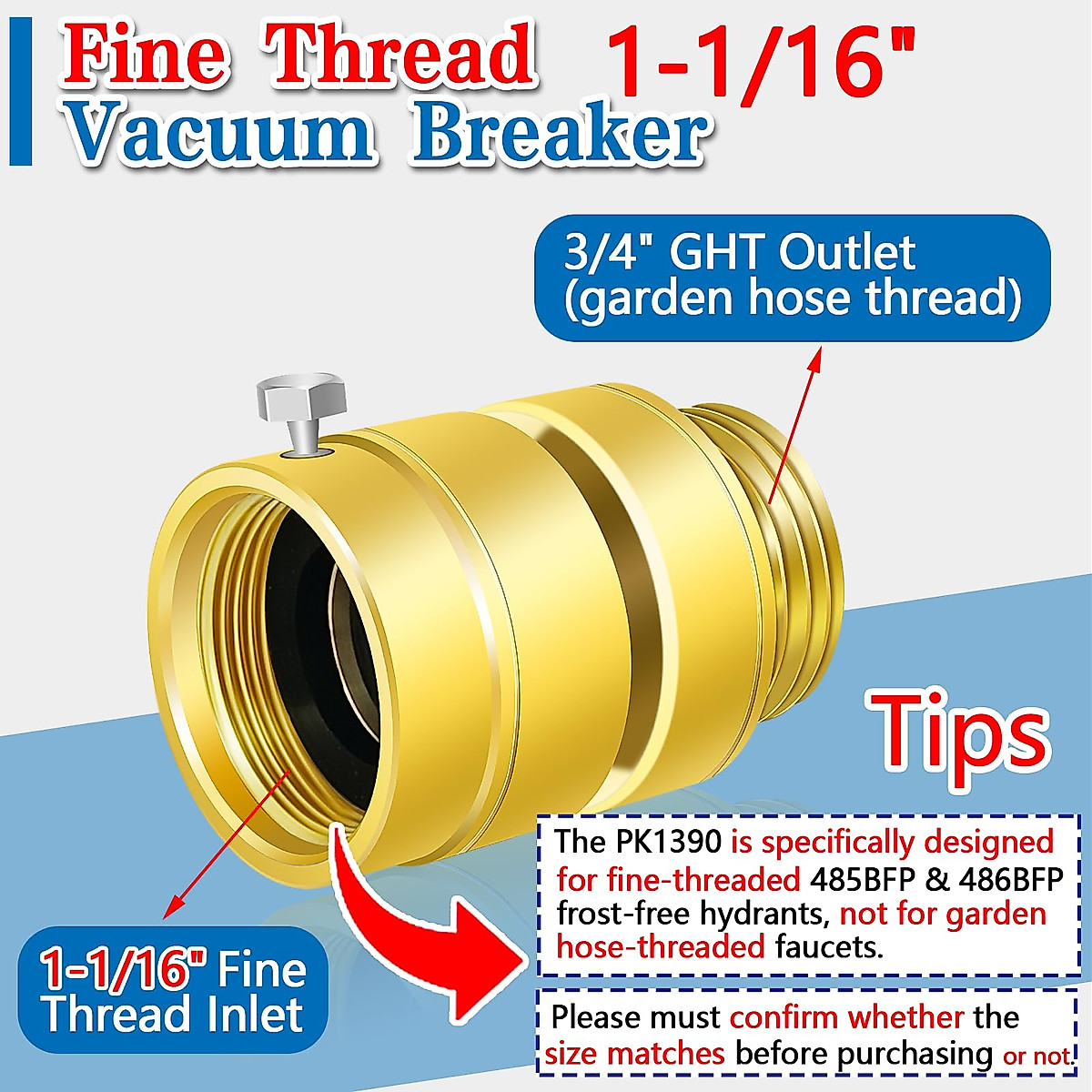 Fine Thread Vacuum Breaker, PK1390 1-1/16" Fine Thread Female No Lead Brass Self-Draining Vacuum Breaker, Hose Bib Vacuum Breaker, Providing you with Healthy Portable Water (NOT fit 3/4" GHT Bibcock)