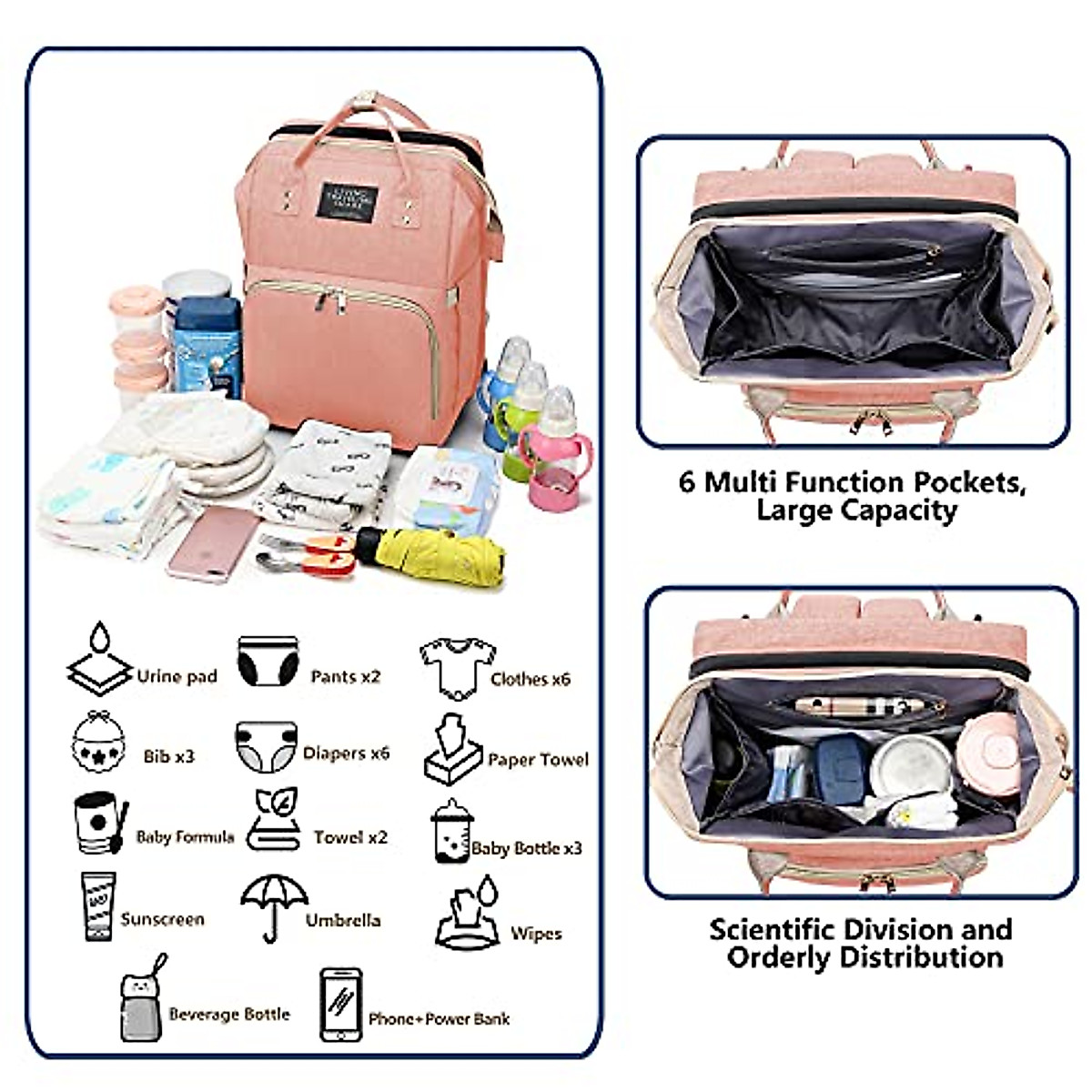 Lamroro Diaper Bag Backpack Foldable Baby Bed, Diaper Changing Station with USB Charging Port, Waterproof Multi-Functional Girl Boy Mom Travel Baby Diaper Bag, Large Capacity, Pink, 16.5x9x13 Inch