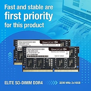 TEAMGROUP Elite DDR4 32GB Kit (2 x 16GB) 3200MHz PC4-25600 CL22 (2933MHz or 2666MHz)Unbuffered Non-ECC 1.2V SODIMM 260-Pin Laptop Notebook PC Computer Memory Module Ram Upgrade - TED432G3200C22DC-S01