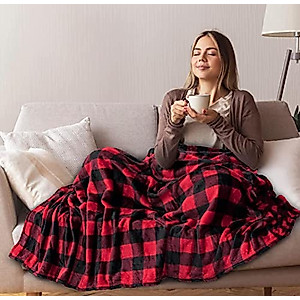 Premium Plaid Sherpa Fleece Throw Blanket | Super Soft, Cozy, Plush, Lightweight Microfiber, Reversible Throw for Couch, Sofa, Bed, All Season (50 X 60 Inches Red)
