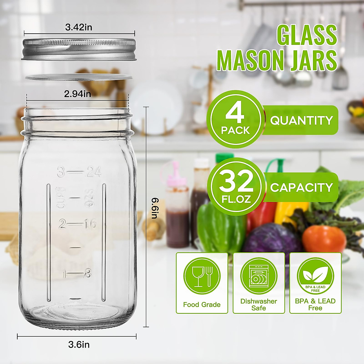 Alotpower 32 oz Mason Jars Wide Mouth 4Pack,Empty 32oz Mason Jars with Lids&Bands/Stickers/Marker/Bottle Brush(32fl.oz, Set of 4)