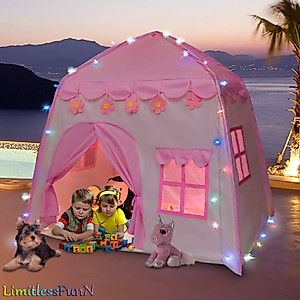 LimitlessFunN 210D Oxford Fabric Flower Kids Play Tent | Includes Star Lights & Carrying Case |, Children Indoor Castle Playhouse for Girls, Toddlers, 39" D x 51" W x 51" H