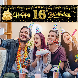 Happy 16th Birthday Banner Decorations for Boys, Black Gold 16 Birthday Signs Party Supplies, Sweet Sixteen Birthday Party Decor for Outdoor Indoor