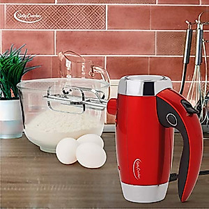 Betty Crocker 7 Speed Hand Mixer with Stand with Chrome Beater and Hooks, Metallic Red, BC-2208CMR, 6.06*8.66*6.65