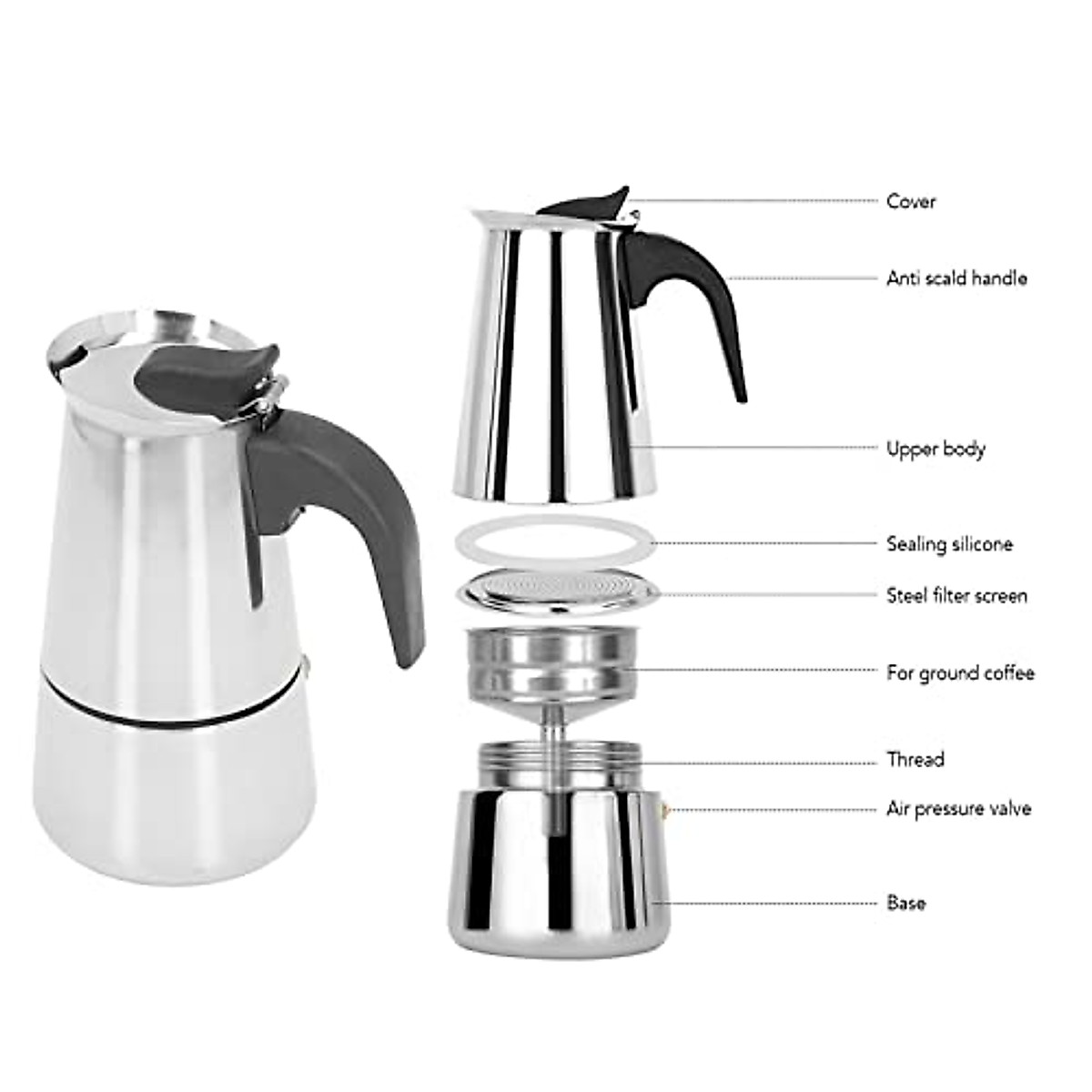 Stovetop Espresso Maker, 2 Cup Stainless Steel Moka Pot Italian Coffee Maker Mocha Coffee Machine Cafe Percolator Maker for Induction Cookers, Gas Stove