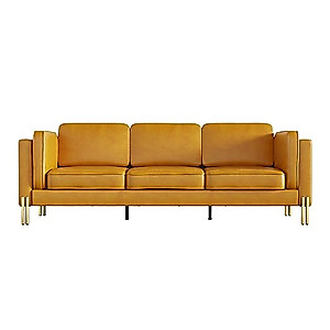 Goohome 94.88" Large PU Faux Leather Sofa, Mid-Century Modern Comfort Breathable Upholstered 3-Seater Sofá with Gold Metal feet and Removable Cushions, for Living Room Furniture Apartment, E-Brown a